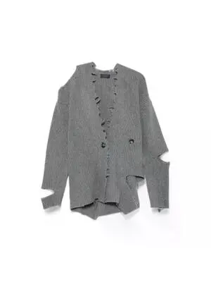 HAIKURE Distressed Ribbed-knit Cardigan