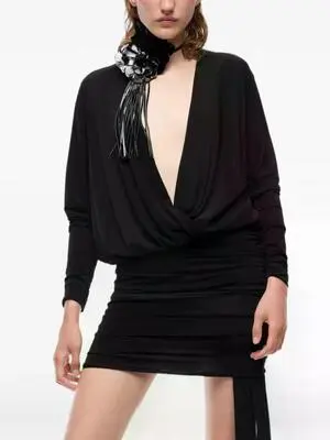 Pinko Long Sleeve Mini Dress With Gathered Skirt And Ribbon Detail