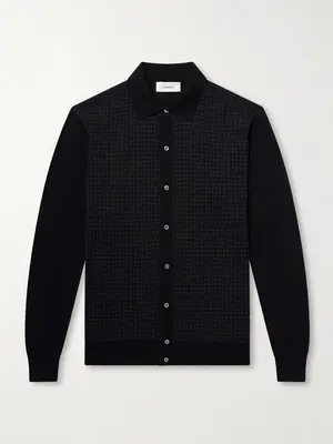 LARDINI Fresco Wool Houndstooth Cardigan - Black