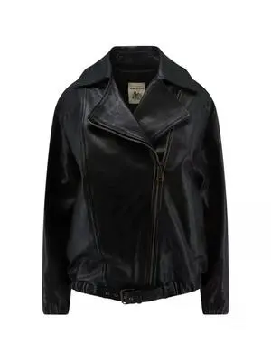 SEMICOUTURE Belted Leather Biker Jacket - Black