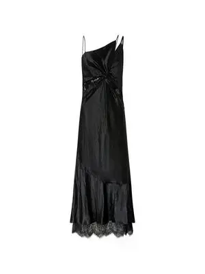 Pinko Long Satin Dress With Draping And Lace - Black
