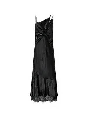 Pinko Long Satin Draped Dress With Lace Trim - Black