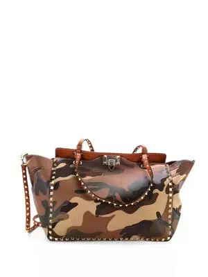 Valentino Garavani Rockstud Camouflage Leather And Canvas Medium Tote Bag