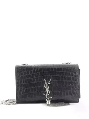 Saint Laurent Classic Monogram Tassel Crocodile Embossed Leather Medium Crossbody Bag - Black