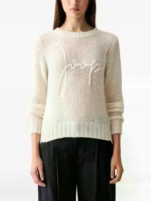 JOOP! Logo Embroidered Open-knit Crew Neck Sweater - White