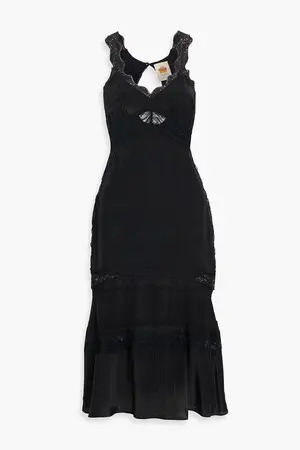 Farm Rio Satin, Chiffon And Lace Midi Dress - Black