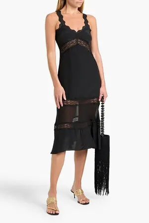 Farm Rio Satin, Chiffon, And Lace Paneled Midi Dress