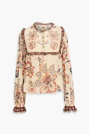 Farm Rio Ruffled Floralprint Voile Blouse - Sand