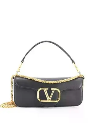 Valentino Garavani Vlogo Loco Flap Shoulder Bag Leather Medium Clutch Bag - Black