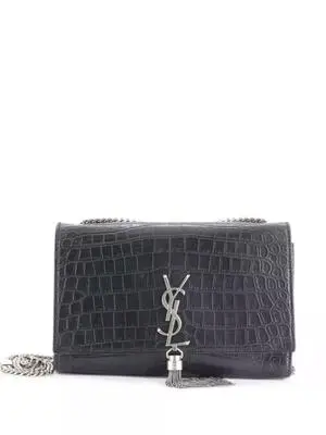 Saint Laurent Classic Monogram Tassel Crocodile Embossed Leather Medium Crossbody Bag - Black