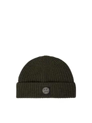 Stone Island Ribbed Knit Logo Patch Beanie - Green