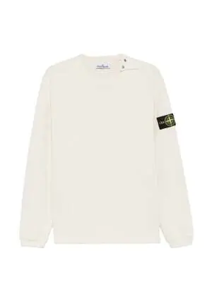 Stone Island Cotton Crew Neck Sweater With Shoulder Button Detail And Logo Patch - White
