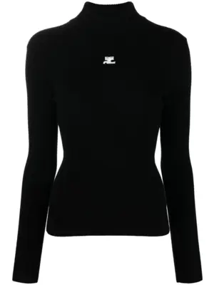COURREGES Ribbed High Neck Sweater With Logo Patch - Black