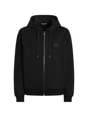 Dolce & Gabbana Zip-up Cotton Hoodie With Logo Plaque - Black