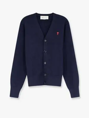 AMI Paris Wool Cardigan With Iconic Embroidery - Blue
