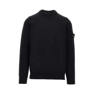 Stone Island Virgin Wool-blend Knit Sweater With Logo Badge - Black