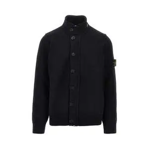 Stone Island Knitted Cardigan With Logo Badge - Black