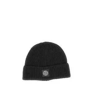 Stone Island Virgin Wool Beanie Hat With Logo Patch - Black