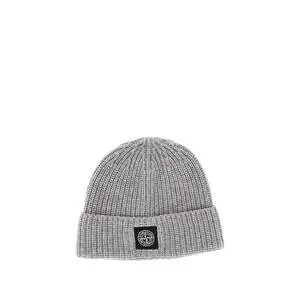 Stone Island Virgin Wool Beanie Hat With Logo Patch - Grey