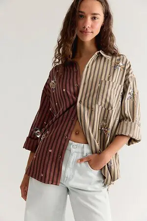 THE TALES Half N' Half Embellished Button Down Top