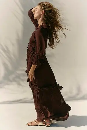 Free People Isobel Maxi Dress With Ruffles And Lace - French Chocolate