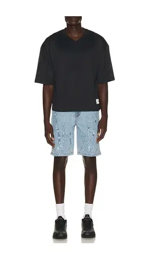 REVENGE Spider Web Denim Shorts In Blue