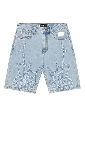 REVENGE Spider Web Denim Shorts In Blue