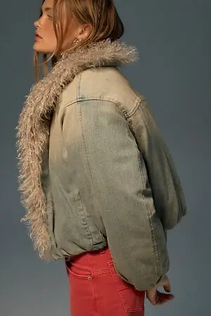 Free People Waterloo Denim Puffer Jacket With Faux Fur Collar