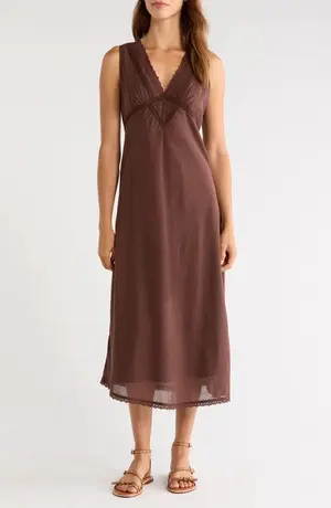 Lucky Brand Lace Trim Midi Dress - Chicory Coffee