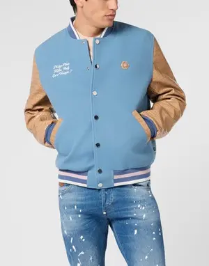 Philipp Plein Varsity Bomber Jacket With Croco-print Leather Sleeves - Lightblue