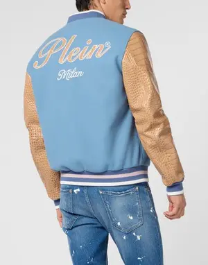 Philipp Plein Varsity Bomber Jacket With Croco-print Leather Sleeves