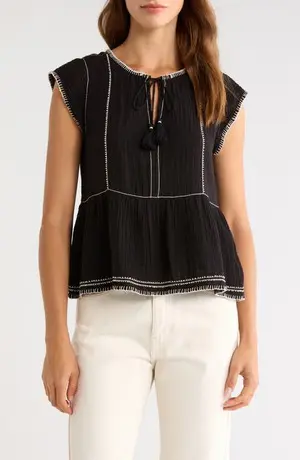 Lucky Brand Embroidered Cotton Tank - 001 Black