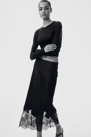 H&m Lace-trimmed Satin Skirt - Black