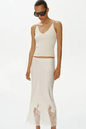 H&m Lace-trimmed Satin Skirt - Cream