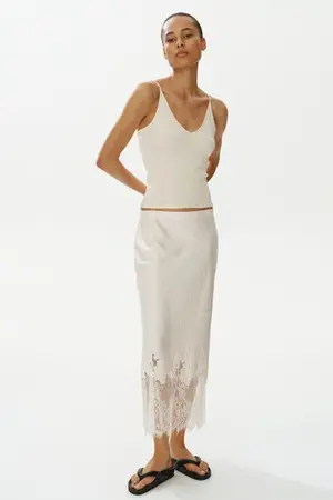 H&m Lace-trimmed Satin Skirt - Cream
