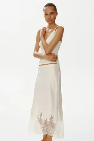 H&m Lace-trimmed Satin Skirt - Cream