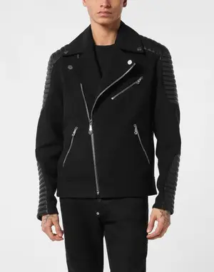 Philipp Plein Wool Biker Jacket With Leather Inserts