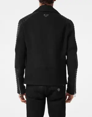 Philipp Plein Wool Biker Jacket With Leather Inserts