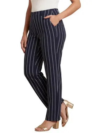 JESSICA LONDON Bi-stretch Straight Leg Pants - Navy Tailored Stripe