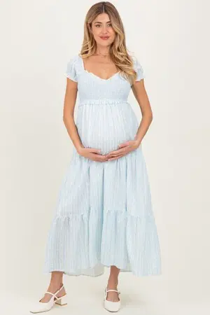 PINKBLUSH Floral Lace Trim Tiered Maxi Dress - Light Blue