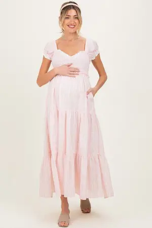 PINKBLUSH Floral Lace Trim Tiered Maxi Dress - Light Pink