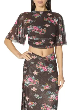 AFRM Kailie Ruched Flutter Sleeve Mesh Crop Top - Java Snake Floral
