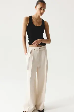 H&m Wide-leg Pants With Belt - Cream