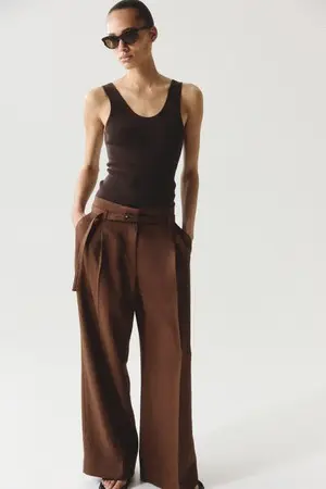 H&m Wide-leg Pants With Belt - Dark Brown