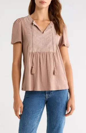 Lucky Brand Embroidered Tie Neck Peasant Top - Adobe Rose