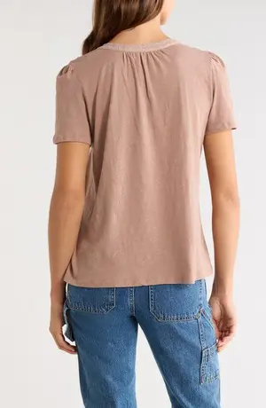 Lucky Brand Embroidered Tie Neck Peasant Top - Adobe Rose