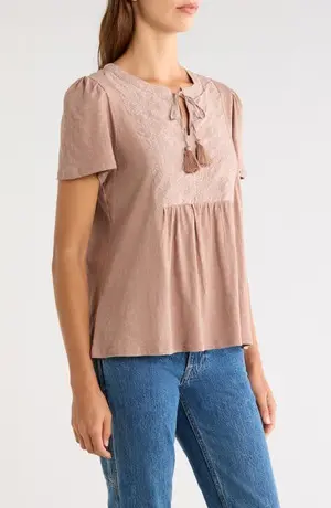 Lucky Brand Embroidered Tie Neck Peasant Top - Adobe Rose