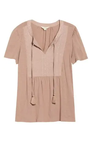 Lucky Brand Embroidered Tie Neck Peasant Top - Adobe Rose