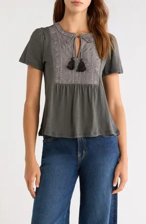 Lucky Brand Embroidered Tie Neck Peasant Top - Castlerock