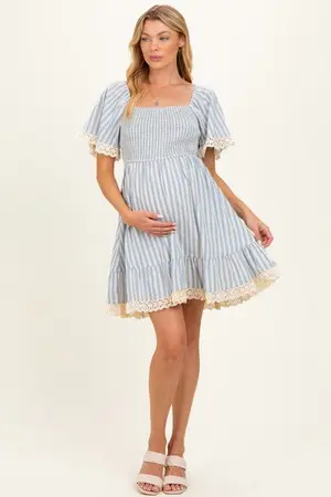 PINKBLUSH Striped Smocked Lace Trim Dress